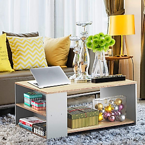 Giantex Coffee Table W/Three Storage Shelf, Sturdy and Durable Construction, Smooth Surface & Extra Storage Space, Ideal for Office and Living Room Tea Snack Table (Natural)