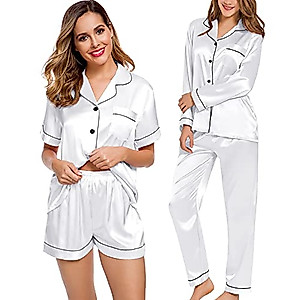SWOMOG Silk Satin Pj Sets for Women 4 Pieces Button Down Pajama Soft Sleepwear White