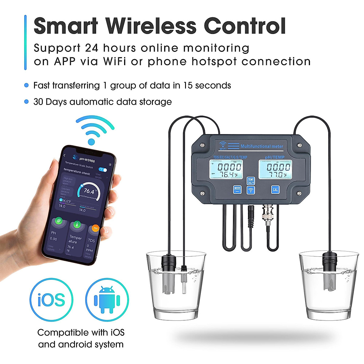 Yescom Water Quality Tester 6 in 1 Multi-Parameter Test Meter PH/EC/Salt/TDS(PPM)/Temp/S.G Analyzer Wall-Mount Rechargeable