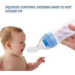 Gaodear Baby Food Feeder,Silicone Squeeze Rice Cereal Bottle, Soft-Tip Dispensing Spoon with Brush Set (Blue,4oz/120ml for 4 Months+ Babies)