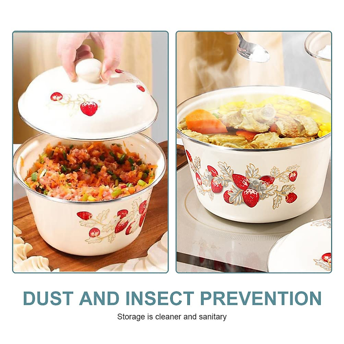 Enamelware Serving Bowl Vintage Large Enamel Food Bowl: Retro Floral Style Soup Basin with Lid Farmhouse Enamelware Deep Dish Bowls for Pasta Salad Cereal Soup 18cm Random Pattern Enamel Nesting Bowl