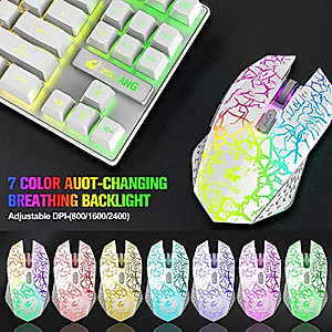 Wireless Gaming Keyboard Mouse and Wrist Rest Set with 87 Key Rainbow Backlight Rechargeable 3800mAh Battery Mechanical Feel Anti-ghosting Ergonomic Waterproof Mute Mice for PC Mac Gamer (White Mix)