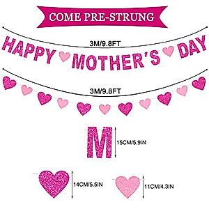 JOZON Happy Mother's Day Banner and Heart Banner Rose Red Pink Glitter Mothers Day Garland Banner with Heart Signs Thanks Mom Best Mom Ever Family Photo Props Backdrops Mother’s Day Party Decorations