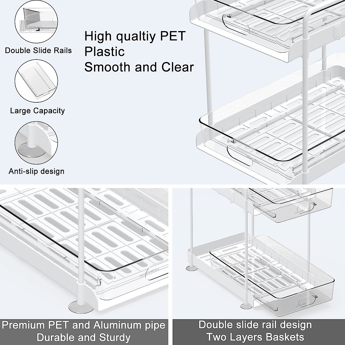 QDTTSRY Pull Out Under Sink Organizer Storage, 2 Tier Under Sink Shelf Kitchen Cabinet Organizers with Hooks for Home Kitchen Bathroom Cabinet and Countertop - Clear & White