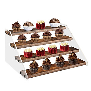 BCOZLUX Wood Display Stand, 4 Tier Clear Acrylic Display Shelf Riser Organizer for Vendors, Pop Figures, Cupcakes, Collectibles Storage, Rustic Brown and Black