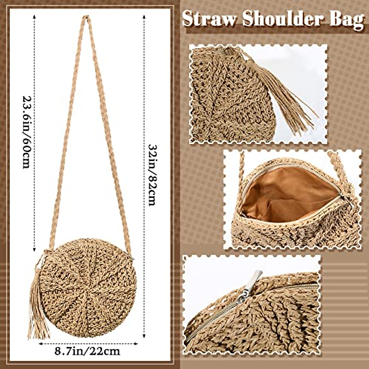 Beach Purse Earrings Set Straw Shoulder Bag Vacation Beach Purse with 4 Rattan Boho Tropical Earrings Leopard Bracelet Kit (Dark Color Round)