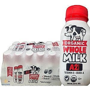 whole Milk Organic Shelf Stable Whole Milk Bottle, Kirkland Grass Fed Milk has Vitamin D & A2 Protein, Plus BETRULIGHT Fridge Decal - Single Serve, 8.0 Fl oz (Pack of 6)