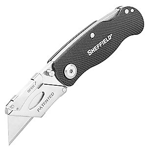 Sheffield 12613 Ultimate Lock Back Utility Knife, Folding, Box Cutter Knife, Carpet Knife, Drywall Cutter, and More, Quick-Change Blade, Back Lock Design, Black