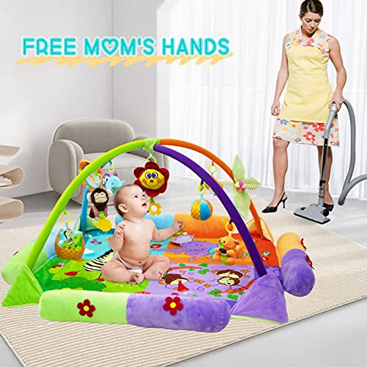 Baby Play Gym Activity Mat - Baby Gyms with 5 Sensory Toys and 1 Gym Mat for Sensory and Motor Skills Development Language Exploration for Baby Multiple Development Gifts for Toddlers