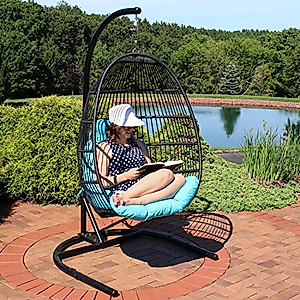 Sunnydaze Julia Hanging Egg Chair with Stand and Blue Cushions - Comfy Collapsible Outdoor Egg Chair Swing with Stand - Black Polyethylene Wicker Rattan Frame with Steel Stand - 76 Inches Tall