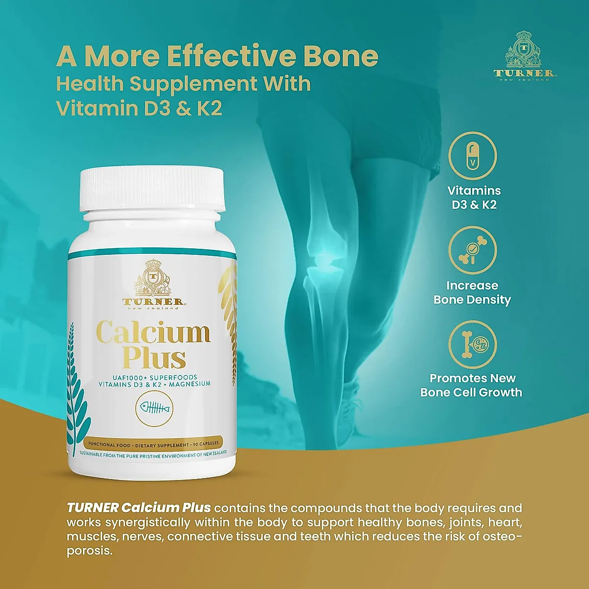 TURNER Calcium Plus, All-Natural Marine Calcium Supplement, with UAF1000+ Super Antioxidant, Magnesium + Vitamins K2 & D3, Supports Bone Density & Joint Health, 6 Bottles, 540 caps, 6 Month Supply