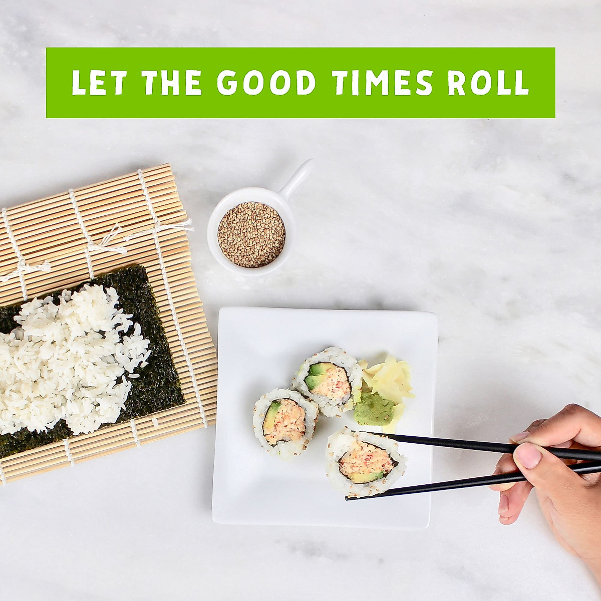 Global Grub DIY Sushi Making Kit - Sushi Kit Includes Sushi Rice, Nori Sushi Seaweed, Rice Vinegar Powder, Sesame Seeds, Wasabi Powder, Bamboo Sushi Rolling Mat, Instructions, Makes 48 Pieces