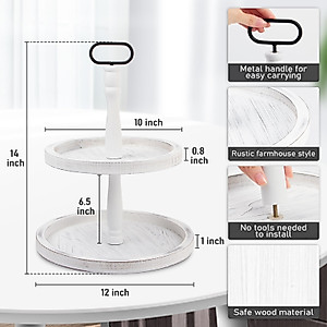 Rustic Tiered Serving Tray, Farmhouse Decorative Wooden Two Tiered Trays, Wooden 2 Tier Tray Stand for Table Kitchen Coffee Macaron Plate Cakes Dessert Fruit(Stand+Beeds)