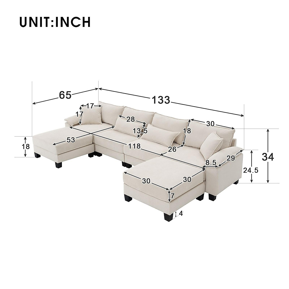 KEVINSPACE 133" Modular Sectional Sofa for Living Room Convertible U/L Shaped Sofa Couch Reversible Sofa Couch Modular Sectionals with Ottomans, 6 Seat Oversized Sofa Couch Sleeper Sofa Bed Beige