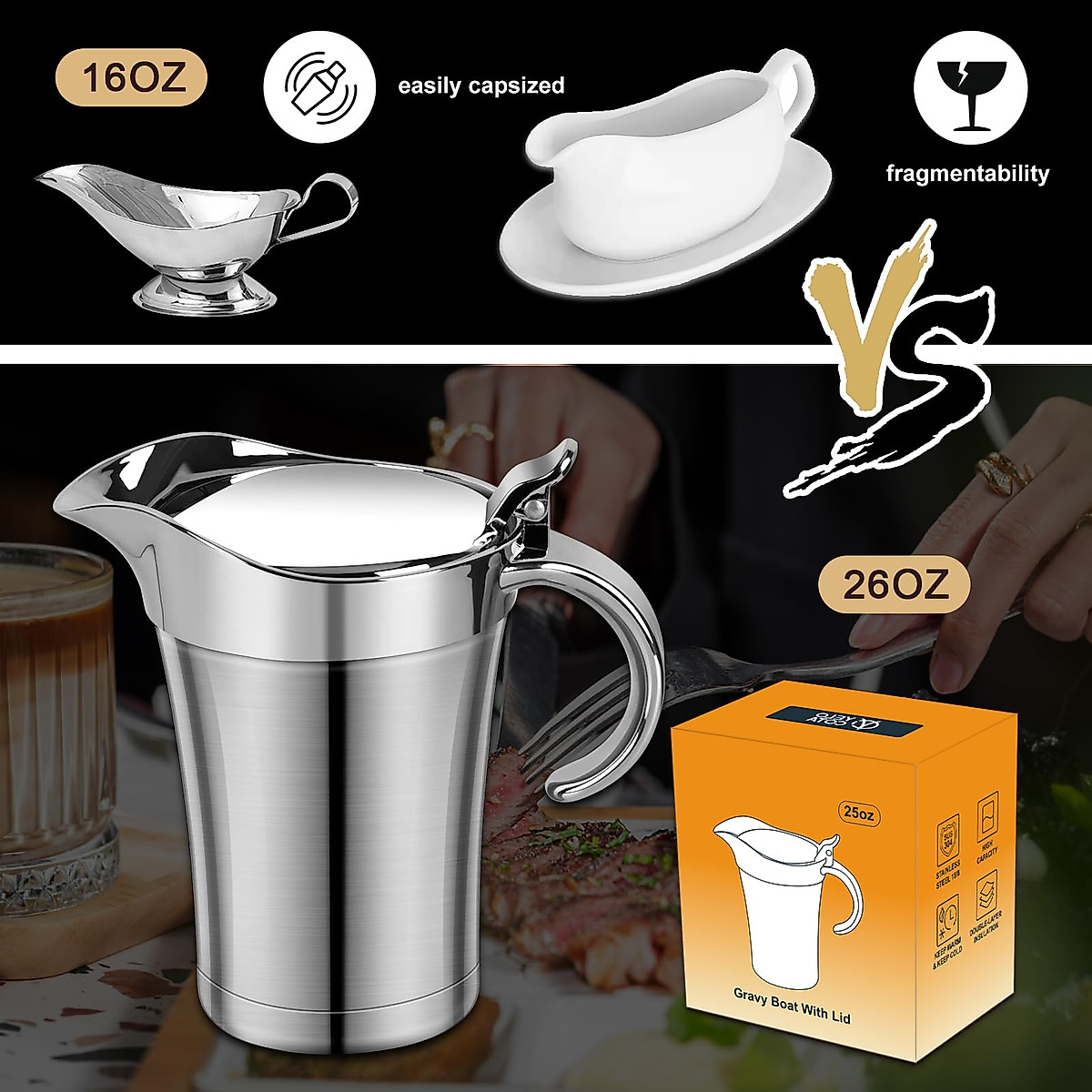 Yelocota Gravy Boat – 26oz Stainless Steel Gravy Boat with Hinged Lid – Double Wall Insulated Gravy Boat for Milk and Cream – Multipurpose Milk Jug Dispenser for Sauce, Syrup, Creamer