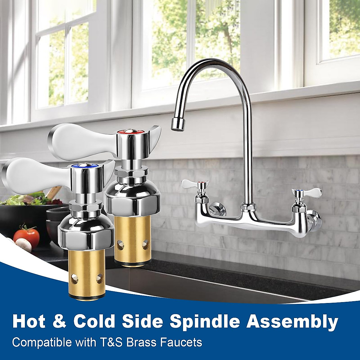 DYVIAHOME Brass Spindle Assembly for Commercial Faucet Valve Spool Replacement Hot Cold Side Handle Stem Assembly Cartridge Fit Kitchen Restaurant (1 Pair)