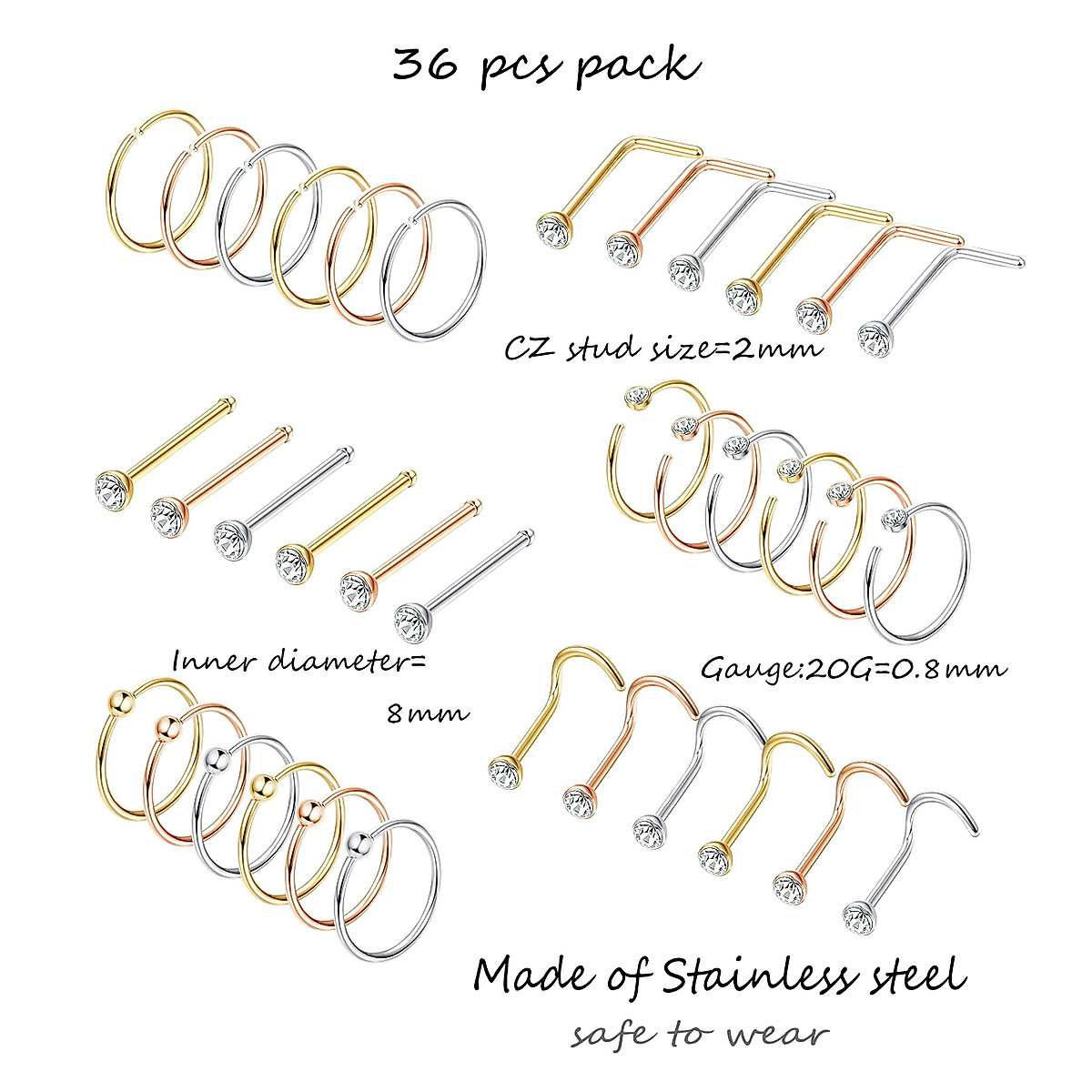 MILACOLATO 36Pcs Nose Rings for Women 20G 316L Stainless Steel Nose Rings Hoops Screw Straight L Shape Nose Studs Hypoallergenic CZ Nostril Cartilage Lip Tragus Nose Piercing Jewelry for Women Men