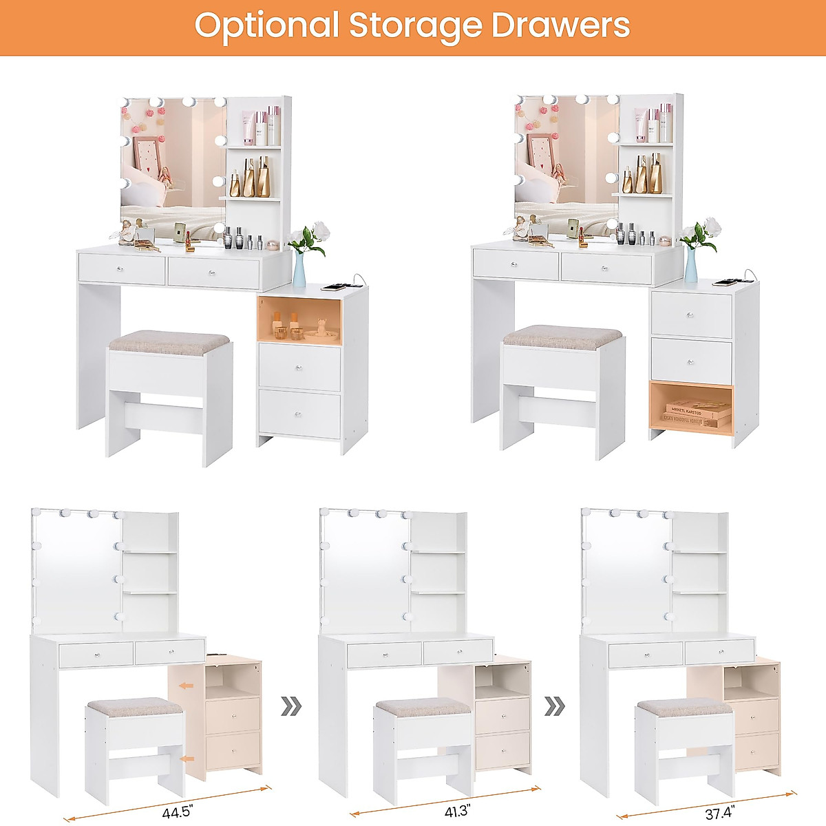 ANWBROAD Makeup Vanity Desk Vanity Set with LED Lighted Mirror Makeup Vanity Table Set with Charging Station Nightstand 3 Colors Modes Dimming Cushioned Stool (Crystalline Handles) UBDT13W