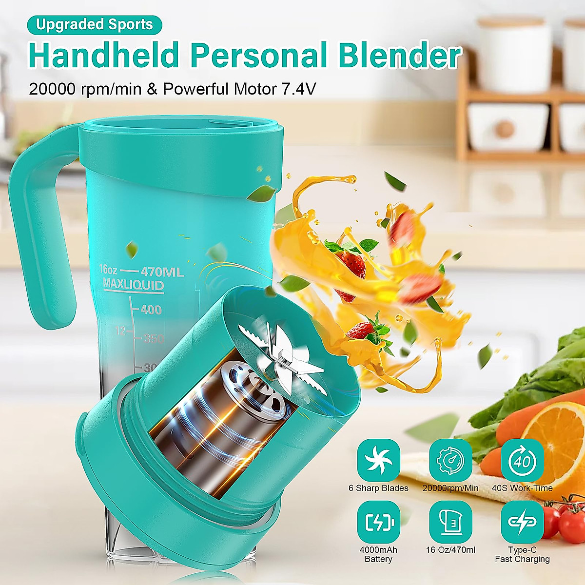 Portable Blender for Shakes and Smoothies, 16 Oz Mini Blender cup, HUIJUTCHEN Personal Blender with Six Blades USB Rechargeable Juicer Blender Cup for Baby Food Travel Kitchen, 470ML Green
