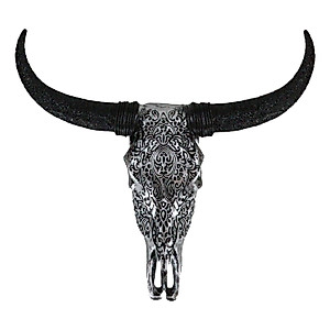 Ebros Gift Silver and Black Tribal Floral Vines Tooled Steer Bison Bull Cow Skull Head with Horns Wall Mount Decor Artistic Replica Native Animal Bust Skulls Hanging Mounted Plaque Sculpture