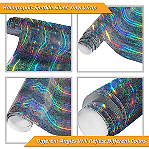 AuMoHall Holographic Sparkle Silver Car Vinyl Wrap Glitter Light Beam Glossy Colorful Chameleon Car Vinyl Wrap with Air Release Technology, 59.84'' x 11.81''