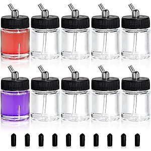 Goaste 10 Pack Glass Airbrush Bottles Kit, 22cc Empty Airbrush Jars, Transparent Airbrush Paint Storage Pot with 10pcs Cap Covers, 30° Down Angle Adaptor Lids, Fits Dual-Action Siphon Feed Airbrushes