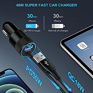 Fast Car Charger for Samsung Galaxy A54/A34/A52s 5G/S22 Ultra 5G/A53 5G,QC18W+PD30W Quick Charging Cigarette Adapter with 3ft USB C Cable for iPhone 14 Pro/13 Pro Max/12/11,Google Pixel 7 Pro/7/6
