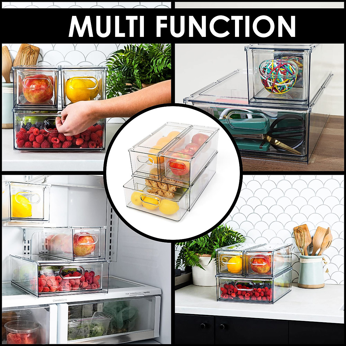 JRA products Pack of 3 Fridge Organizer with Pull-out Drawers Large Stackable Refrigerator Organizer Bins Set with Handles Clear Pantry Storage Bins for Kitchen, Freezer, and Cabinet