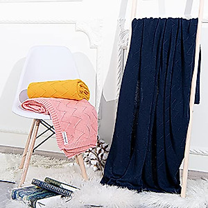 NTBAY Rayon Cotton Cable Knitted Throw Blanket, Breathable and Silky Soft Chevron Textured RPET Decorative Blanket for Couch, Sofa, Bed, 51x67 Inches, Navy Blue