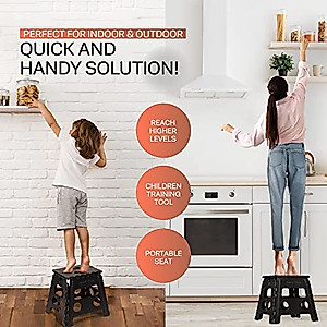 Inspired Living 13" Step Stool, Folding Step Stools for Adults, Plastic Foldable Step Stools Kids, Holds Up To 330 lbs, Collapsible Folding Stool for Kitchen, Bathroom, Bedroom - Black