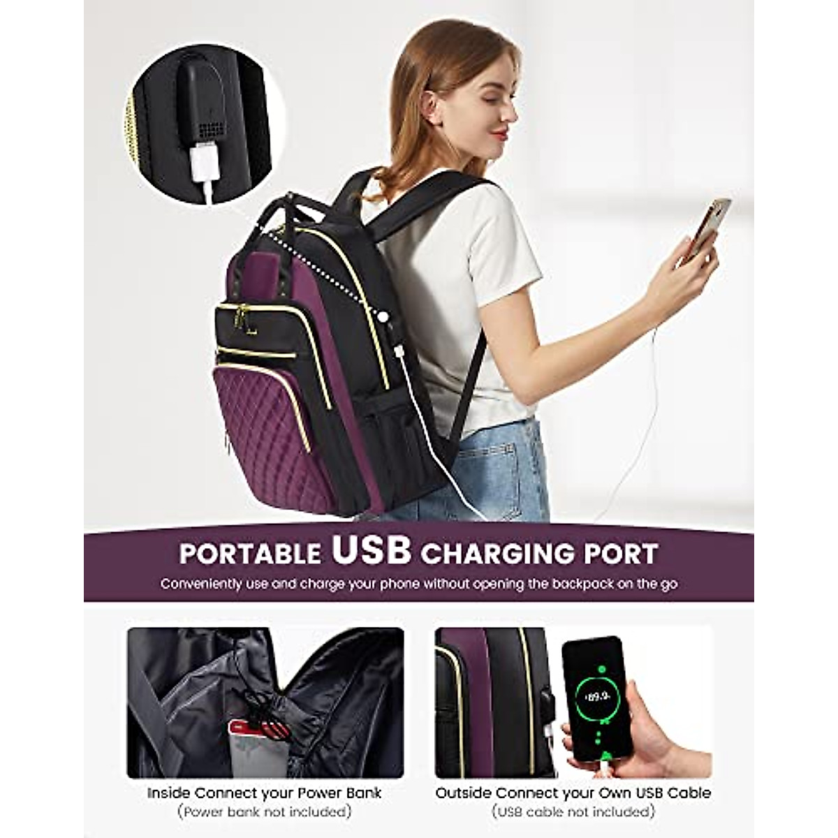 LOVEVOOK Laptop Backpack Purse for Women, 17" Laptop Bag with USB Port, Water Resistant Lightweight Daypacks for College Travel Work Business, Nurse Teacher Computer Bags, Purple Black