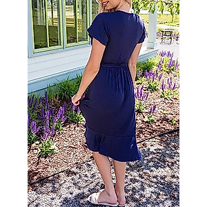 Dokotoo Womens 2023 Summer Spring Dresses Casual Wrap Round Neck Short Puff Sleeve Belt A-Line Ruffle Hem Formal Midi Dress Blue Medium