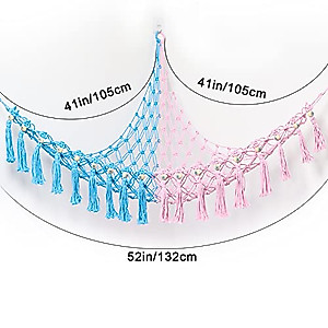 Stuffed Animal Net or Hammock with LED Light Stuff Toy Organizer Hanging Storage Net Handmade Boho Toys Storage Hammock Holder with Wood Beads for Children's Room Kindergarten Nursery (Blue and Pink)