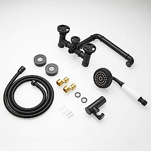 LUNEZY Black Tub Faucet Wall Mounted, Bathroom Tub Filler with Hand Held Shower Sprayer, Double Handle Bathtub Faucet Set, Industrial Style Bath Shower Mixer Tap