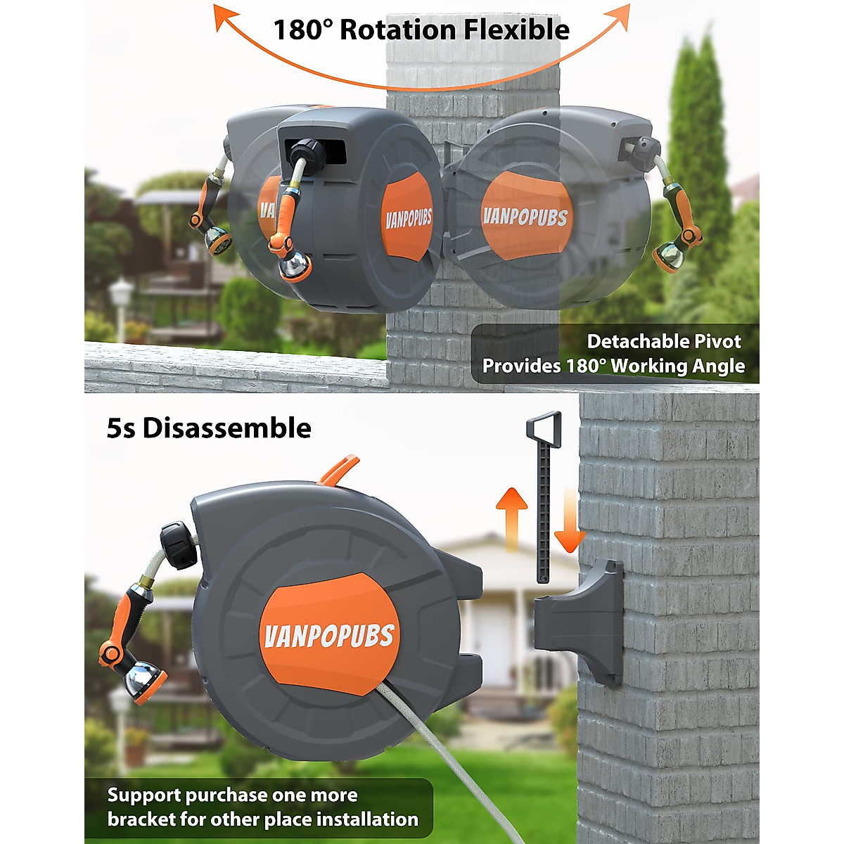 Vanpopubs Retractable Garden Hose Reel,1/2 in x 100 ft Hose Reel Auto Rewind, Any Length Lock/Wall Mounted/180°Swivel Bracket,with 10 Function Sprayer Nozzle