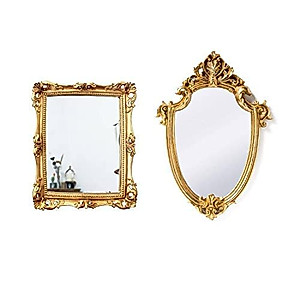 Funerom Vintage 11 x 9.5 inch Decorative Mirror, Wall Mounted & Tabletop Makeup Mirror ，Square Antique Gold and 16.9 x 11.8 inch Gold Shield Shape