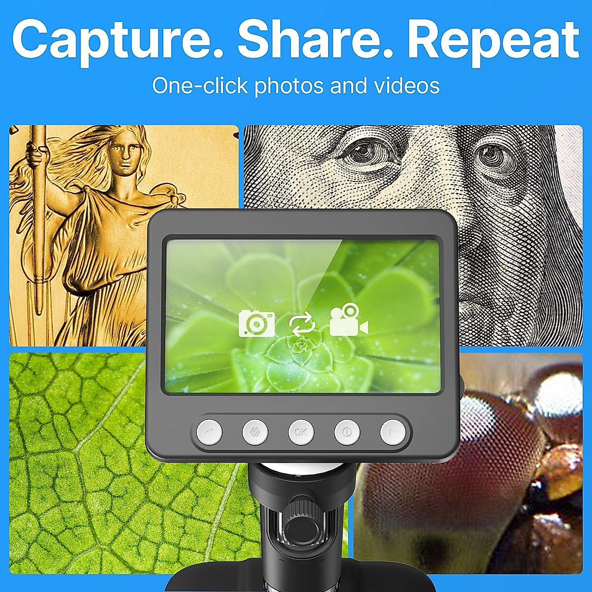 Digital Microscope, 4.3" LCD USB Coin Microscope, 1000X 1080P Error Coin Magnifier with 8 Adjustable LED Lights, PC View, Compatible with Windows for Adults Kids