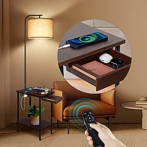 OUTON Floor Lamp with Table, Modern Dimmable Standing Reading Light with Drawer, Shelves, USB & Type C Charging Port, AC Outlet, Side End Table with Lamp Attached for Living Room, Bedroom