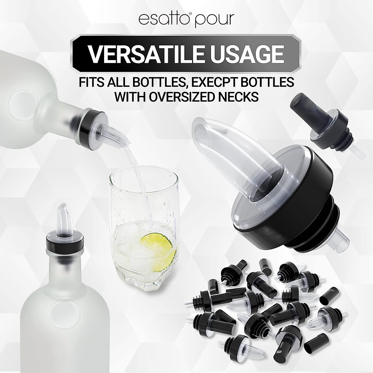Esatto Bar Products Condiment Holder for Serving Container Chilled Garnish Tray with Lid for Bar Caddy, 4-1 Pint Inserts, With Added 12 Liquor Bottle Pourers, and 12 Pourer Covers - Black