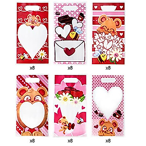 JOYIN 48 Pcs Valentine’s Day Gift Bag Plastic Treat Bags, Cellophane Candy Bags in 6 Designs with Heart Shaped Window for Kids Valentine Party Favor Supplies, Classroom Gift Exchange Goodie Bags