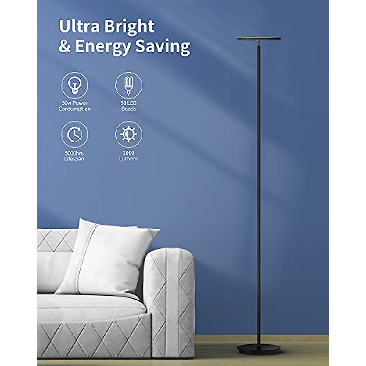 Floor Lamp, Nekteck Led Floor Lamps for Living Rooms, Bedrooms and Office, Torchiere Standing Pole Lamp with Modern Design and Touch Control, Tall room lamps with 30w/2000LM, 3000K Warm White
