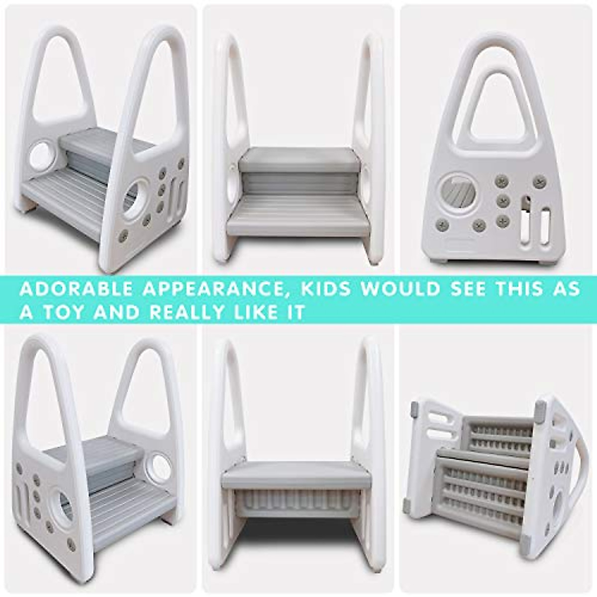 Toddler Step Stool with Handles, Two Step Stool for Toddler and Kids, Reaching Bathroom Sink, Toilet Potty Training (Gray)