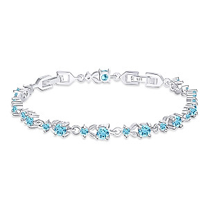 AFFY 14k White Gold Over Sterling Silver Leaf Shape Tennis Bracelet Round Shape Simulated Aquamarine 7.25"