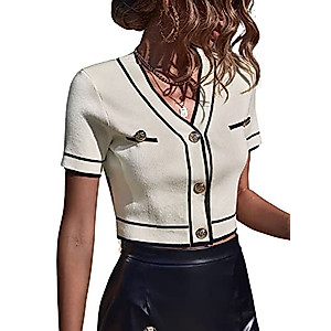 Verdusa Women's Striped Trim Contrast Binding Button Front V Neck Knit Crop Top White L