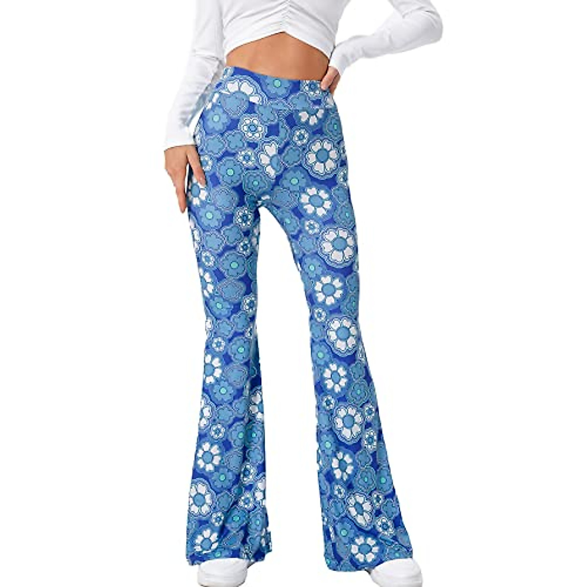 WDIRARA Women's Elastic High Waist Allover Print Floral Bell Bottom Flare Leg Long Pants Blue and White S
