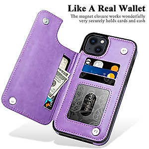 MMHUO for iPhone 14 Plus Case with Card Holder, Flower Magnetic Back Flip Case for iPhone 14 Plus Wallet Case for Women, Protective Case Phone Case for iPhone 14 Plus,Purple