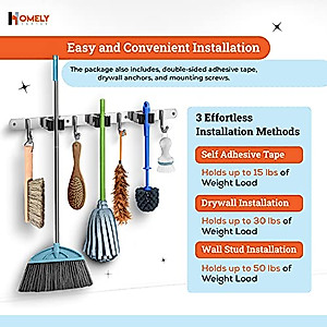 Homely Center Mop and Broom Holder Wall Mount – Heavy-Duty Broom Closet Organizer for Garage, Kitchen, Laundry Organization – Broom and Mop Holder – Tool Hanger with 3 broom racks and 4 broom hooks