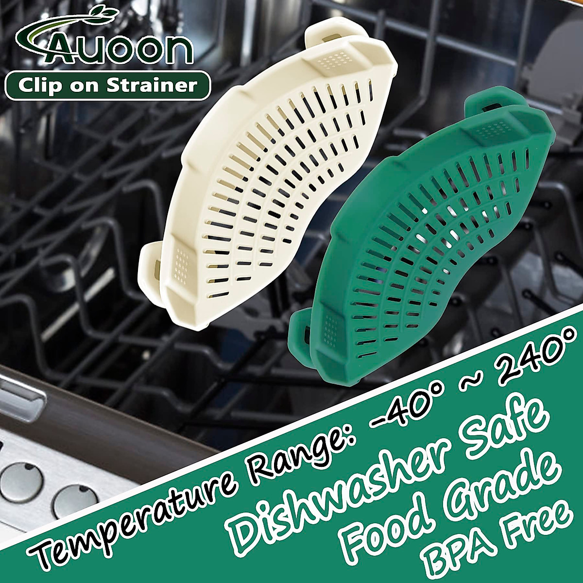 AUOON Clip On Strainer Silicone for All Pots and Pans, Pasta Strainer Clip on Food Strainer for Meat Vegetables Fruit Silicone Kitchen Colander (White)