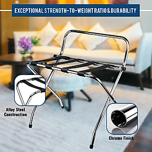 USTECH Luggage Rack-Single Tier with High Back, Pack of 1, Chrome, Self Asssembly, Foldable Rack for Guest Room