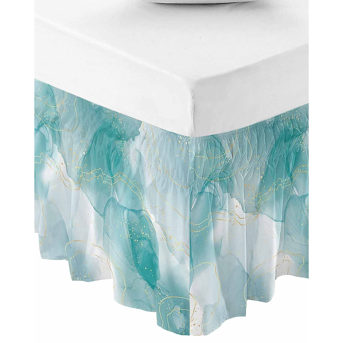 Marble Agate Bed Skirt Queen Size 16 Inch Drop, Adjustable & Elastic Wrap Around Bed Skirts Pleated Luxury Dust Ruffles for Twin Full Queen Cal King Base Bed, Marbling Gold Gradient Aqua Turquoise